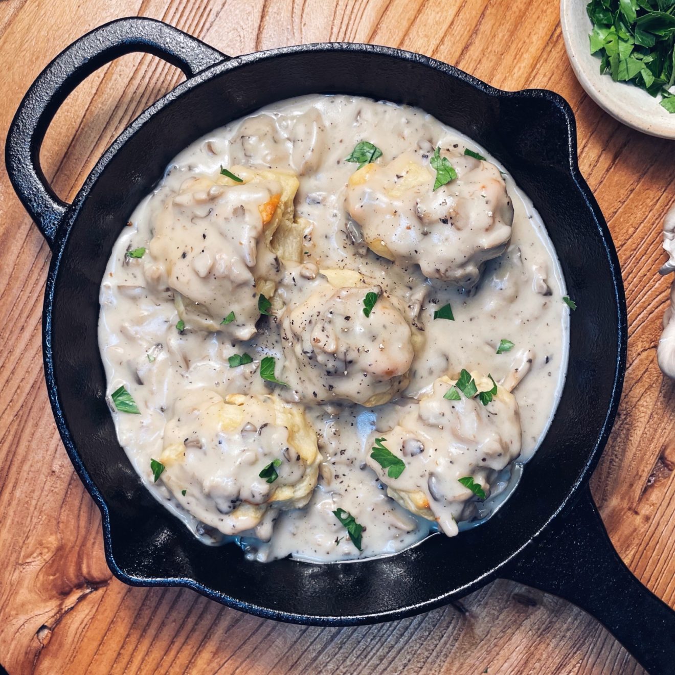 Vegan Oyster Mushroom Biscuits and Gravy - Faraway Kitchen