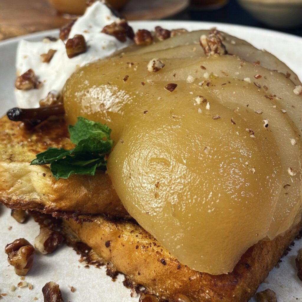 Vegan French Toast with Vanilla Poached Pear - Faraway Kitchen
